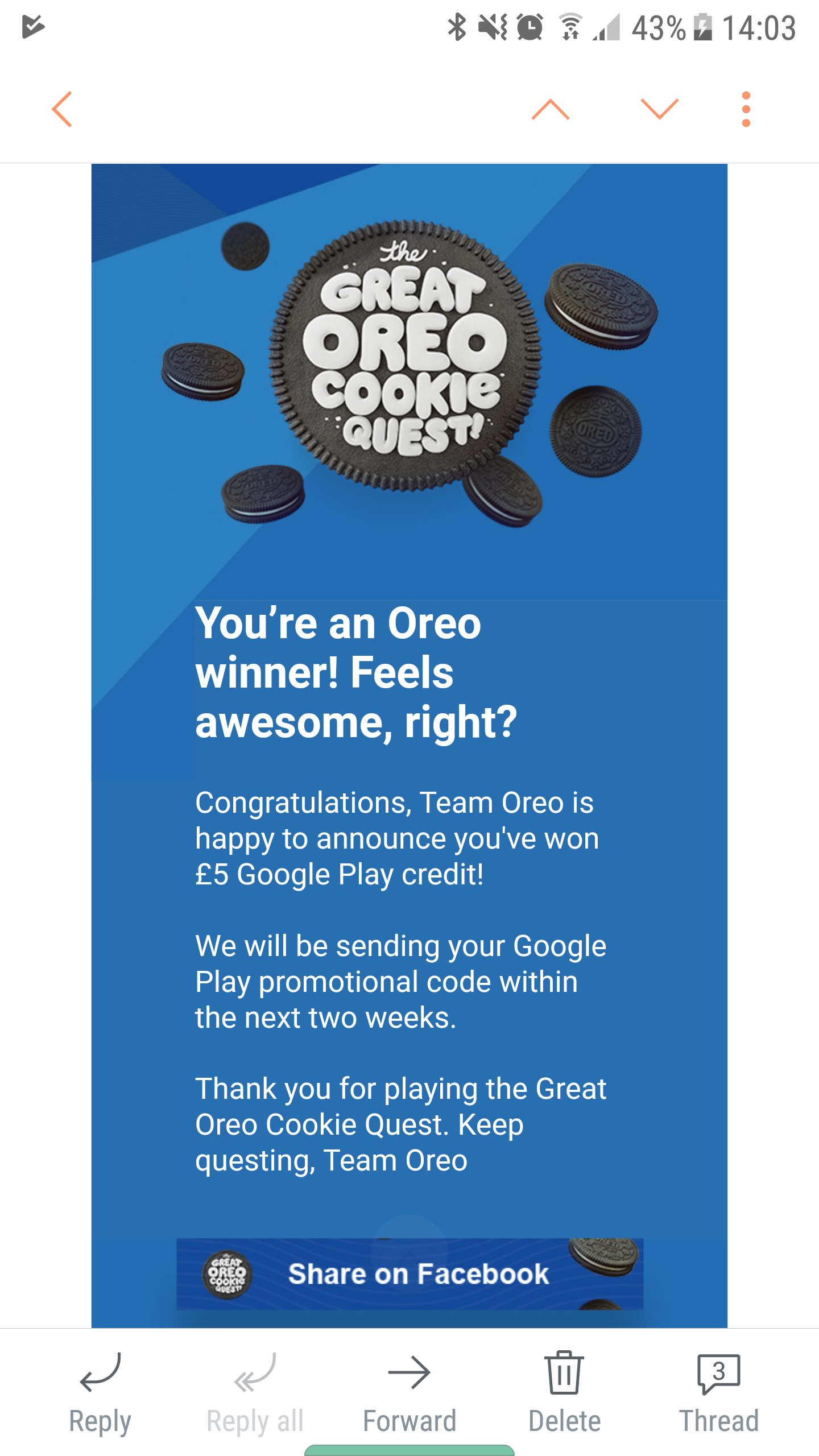 Oreo winnings | ThePrizeFinder Winner
